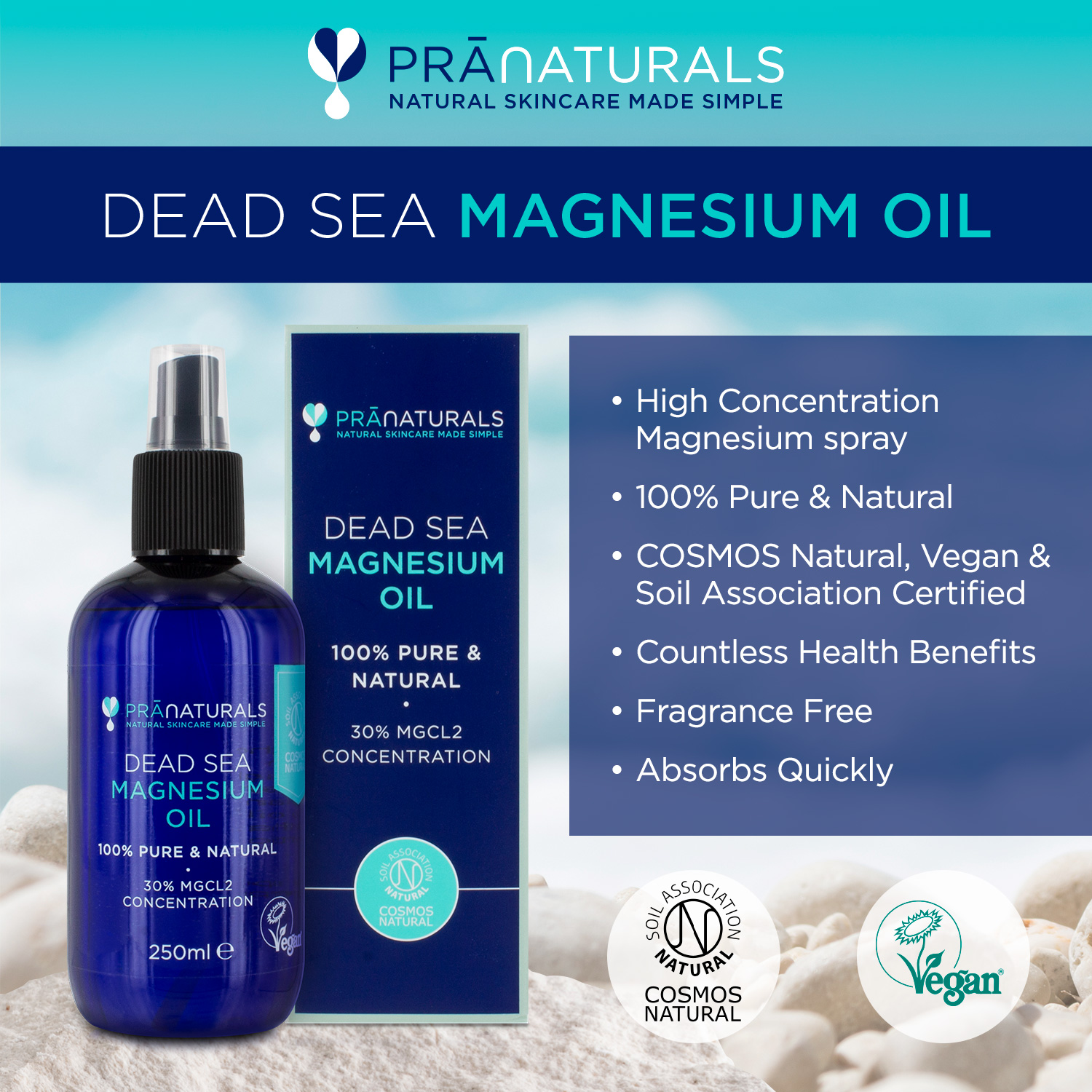 PraNaturals Dead Sea Magnesium Oil 250ml 100% Pure Natural Soothes ...